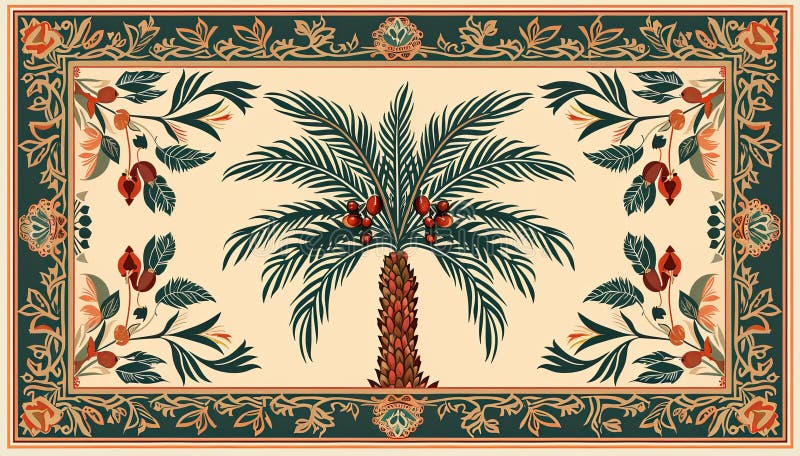 Palm Tree in Oriental Carpet Pattern. Symmetrical Design with Warm ...