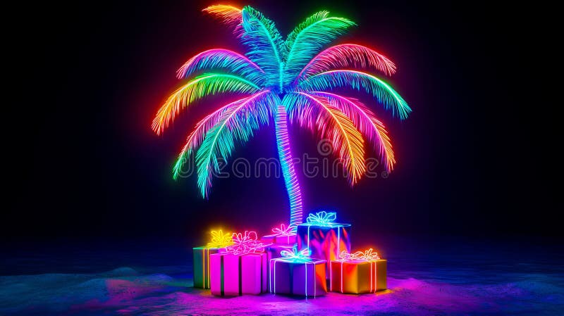 A Palm Tree with Presents Under a Neon Lighted Palm Tree Stock Photo ...
