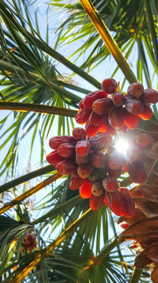 Palm Tree with Red Ripe Dates and Sun Shining through Leaves, Tropical ...