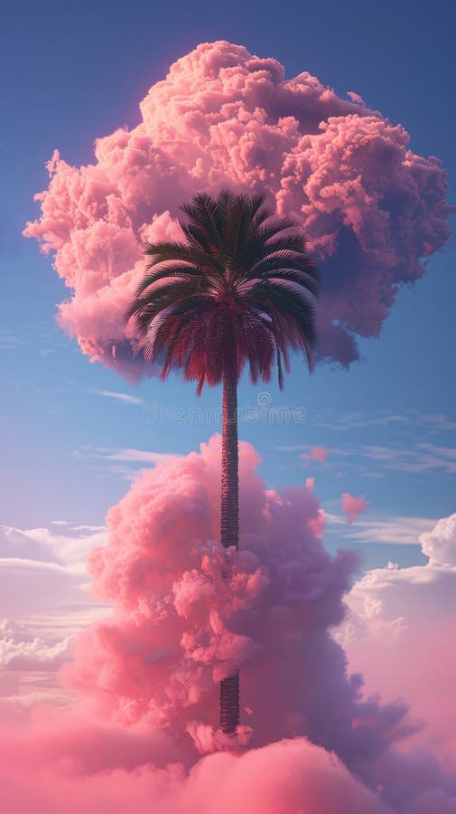 Palm Tree Rising through Pink Clouds at Sunset Stock Image - Image of ...