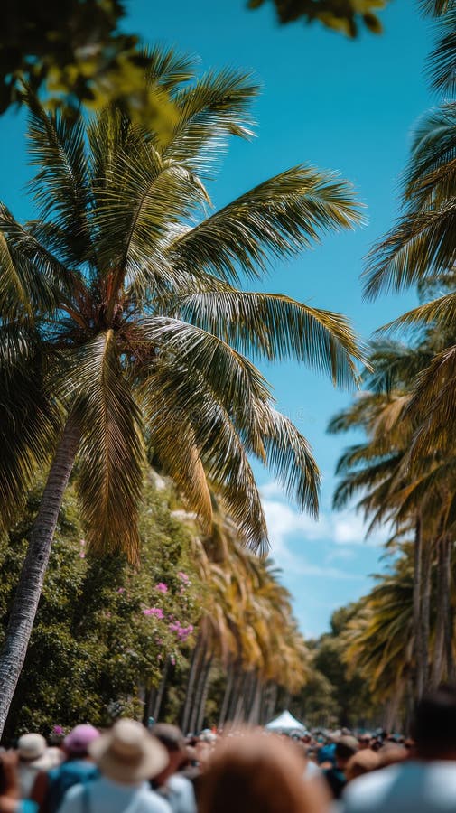 Palm Tree Row Under Clear Blue Sky with a Crowd of People in the ...