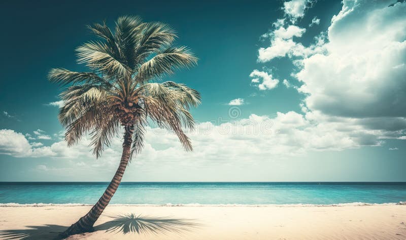 A Palm Tree on a Sandy Beach with a Blue Sky Stock Illustration ...