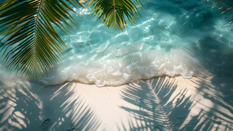 Palm Tree Shadow on Sandy Beach by Water Under Electric Blue Sky Stock ...