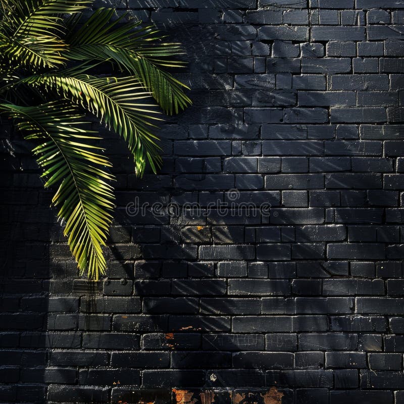 Palm Tree Shadows on Black Brick Wall Texture, Palm Branch at Sunlight ...