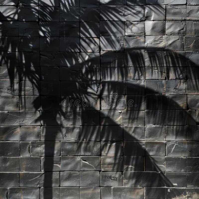 Palm Tree Shadows on Black Brick Wall Texture, Palm Branch at Sunlight ...