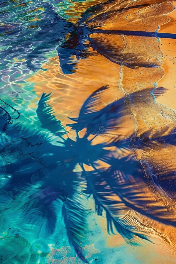 Palm Tree Shadows on Blue Water Background, Palm Branch on Beach ...