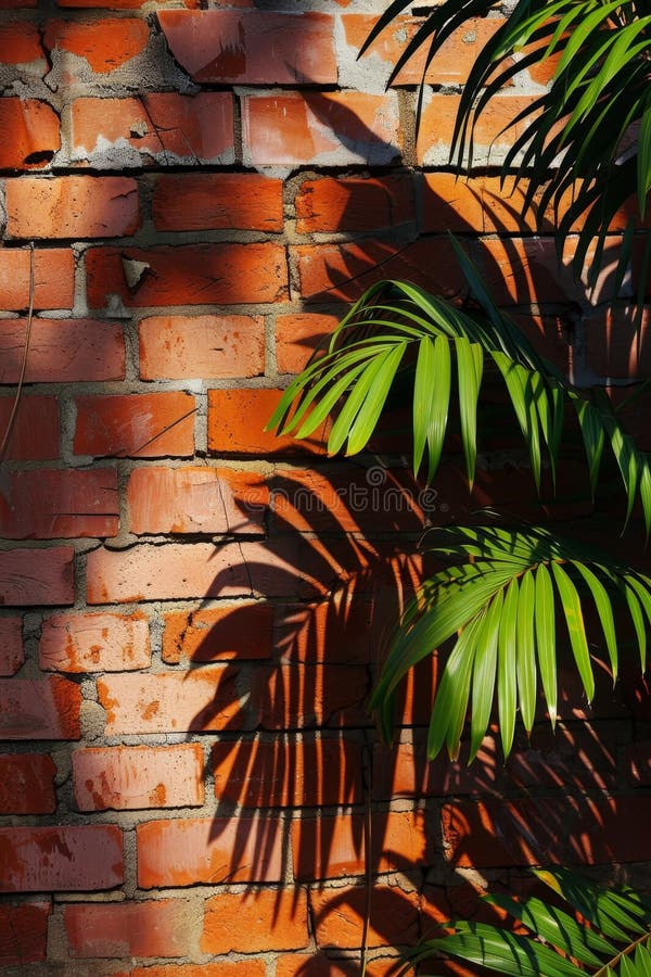 Palm Tree Shadows on Brick Wall Texture, Palm Branch at Sunlight ...