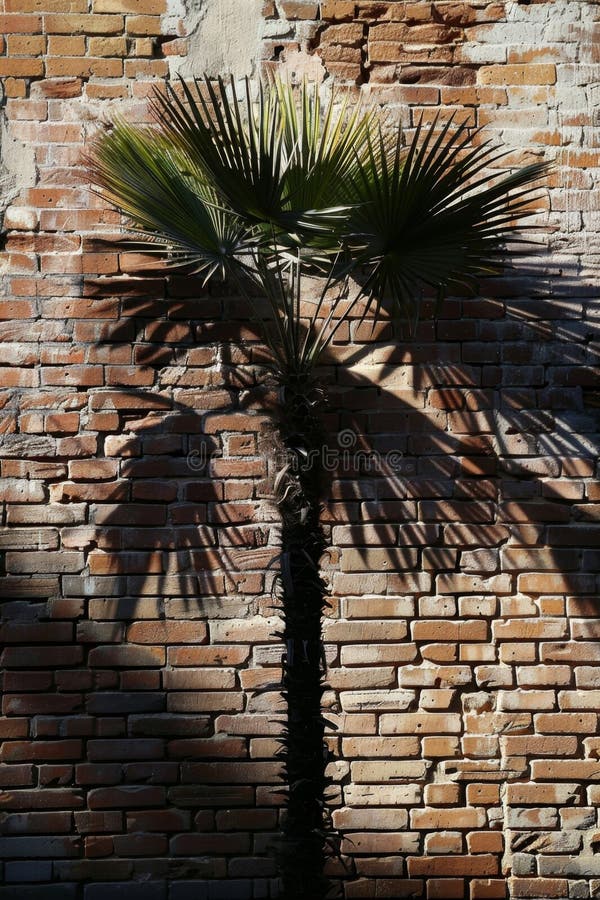 Palm Tree Shadows on Brick Wall Texture, Palm Branch at Sunlight ...