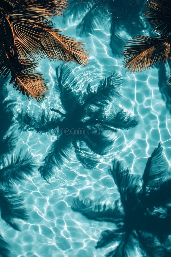 Palm Tree Shadows Dance on the Blue Water, Palm Branches Create a Beach ...