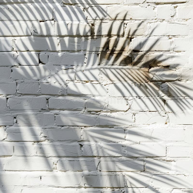 Palm Tree Shadows on White Brick Wall Texture, Palm Branch at Sunlight ...