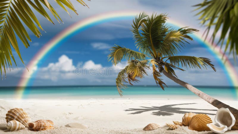 A Palm Tree and Shells on a Beach with Rainbow in the Sky, AI Stock ...