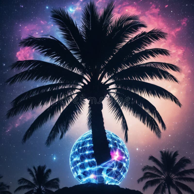 Palm Tree Silhouette Against a Galactic Sky Stock Photo - Image of ...