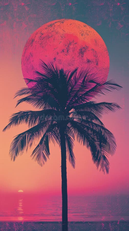 Tropical Sunset Silhouette Large Orange Moon Stock Photos - Free ...