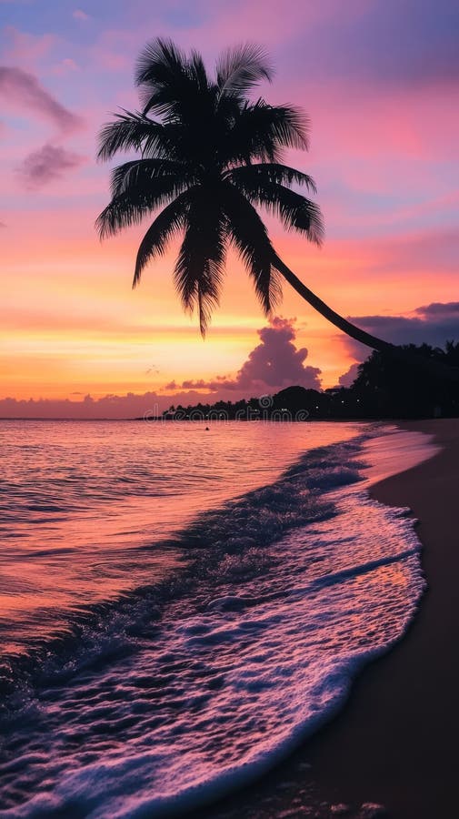 Palm Tree Silhouette on Tropical Beach at Sunset, Serene Seaside View ...
