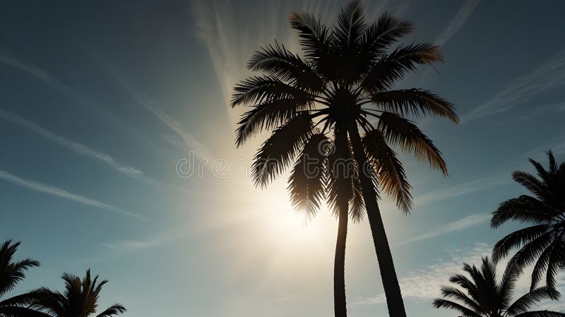 Palm Tree Silhouette Viewed from Below, Towering Perspective with Sun ...