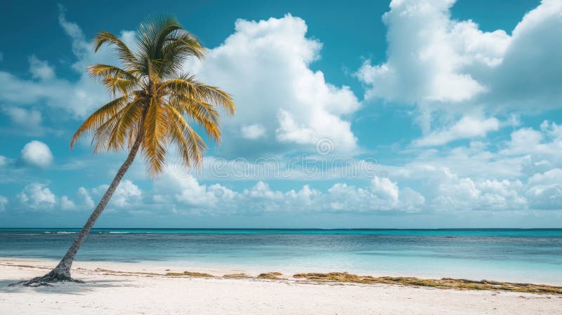 A Palm Tree Standing Alone on a Sandy Beach, with the Ocean in the ...