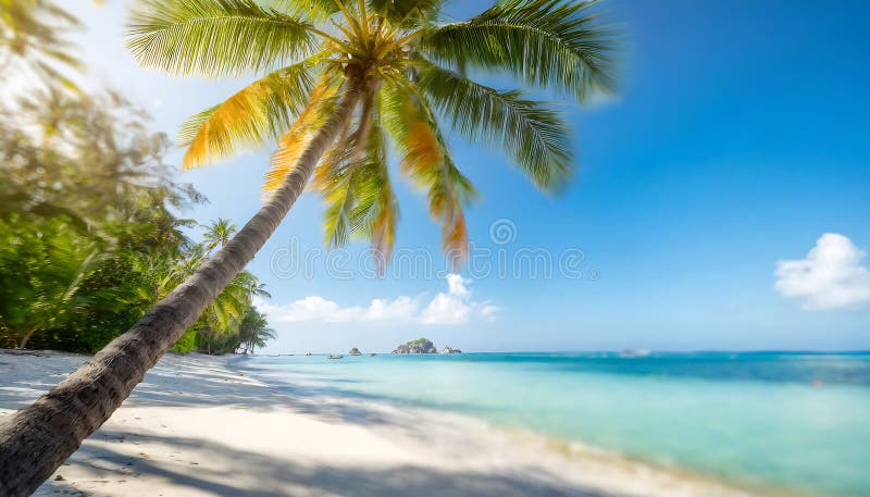 A Palm Tree is Standing on a Beach with a Clear Blue Sky Above. the ...