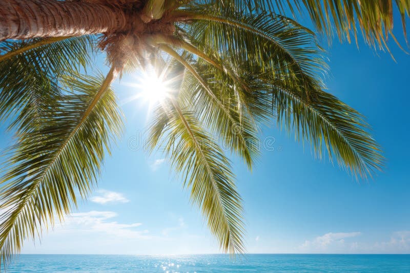 A Palm Tree Stands Over the Ocean, Illuminated by Sunlight Streaming ...