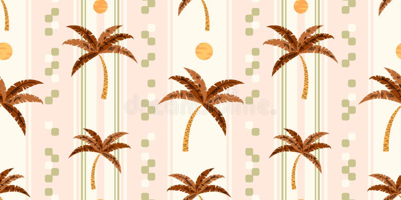 Palm Tree and Sun with Striped Vertical Border Seamless Pattern Stock ...