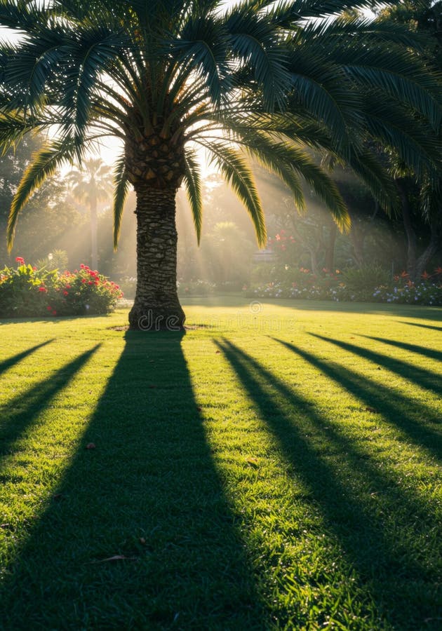 Palm Tree Sunrise Shadows in a Lush Green Garden Stock Image - Image of ...