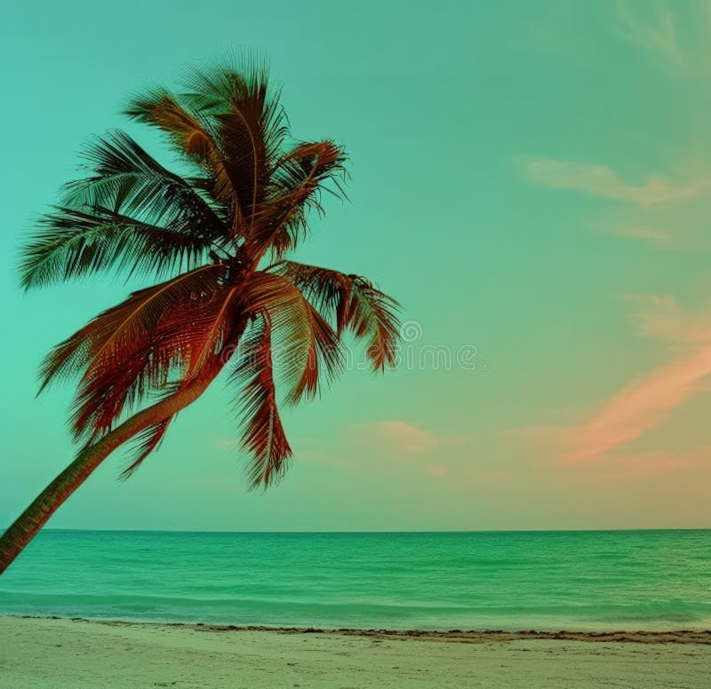 Palm Tree at Sunset on Beach, Green and White Beach Stock Photo - Image ...