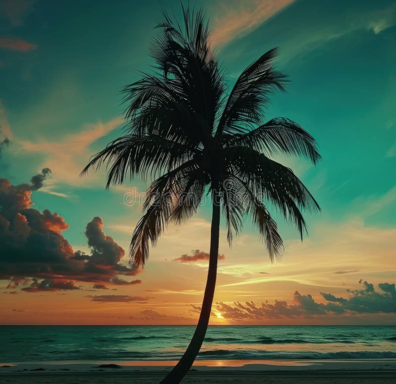 Palm Tree at Sunset on Beach, Green and White Beach Stock Image - Image ...