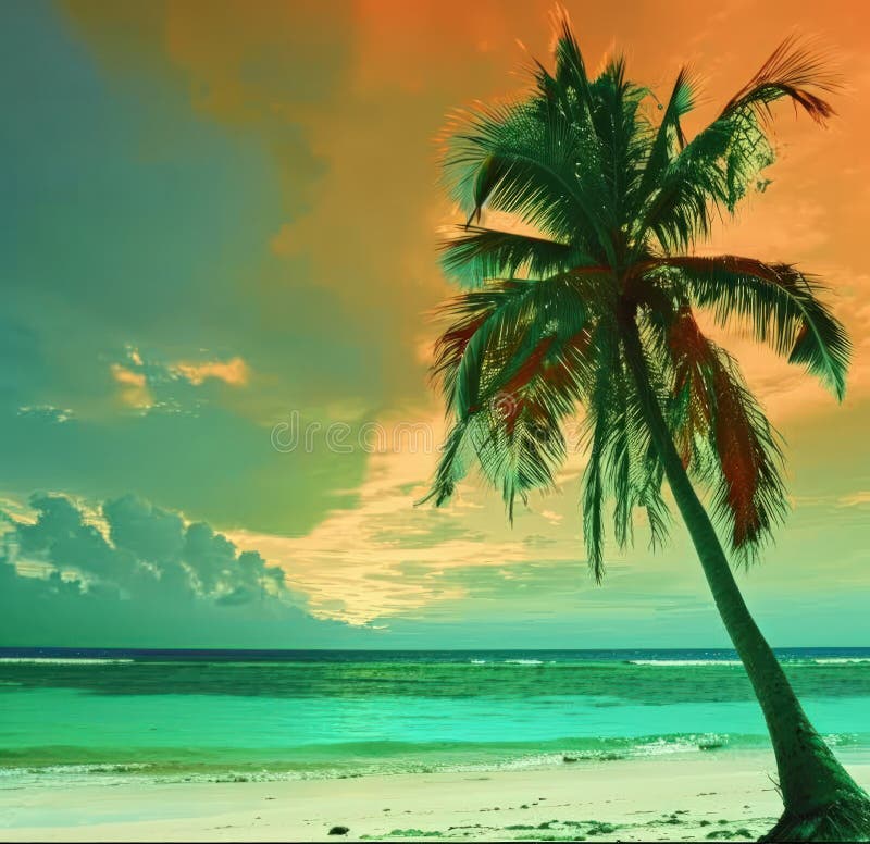 Palm Tree at Sunset on Beach, Green and White Beach Stock Image - Image ...