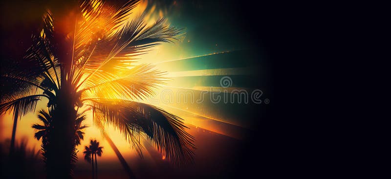 Palm Tree at Sunset on Tropical Beach, Panoramic Layout Stock ...