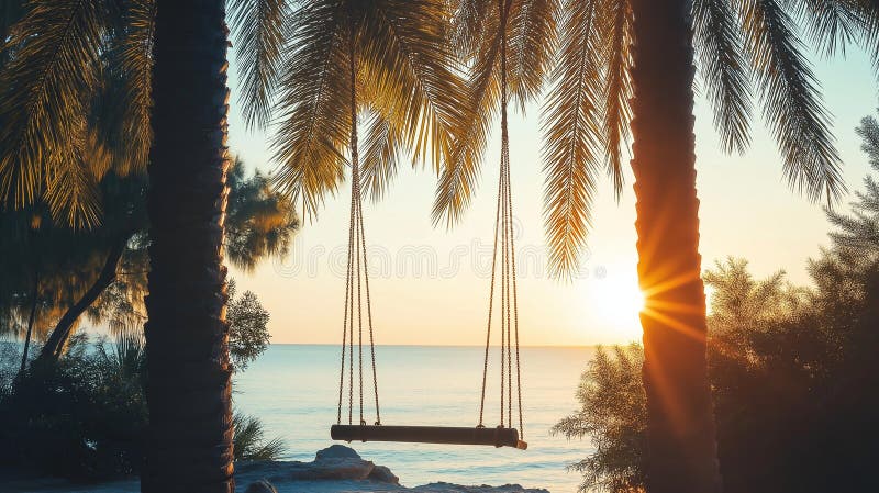 Palm Tree with Swing Hanging between Palm Trees, Beautiful Sunset Stock ...