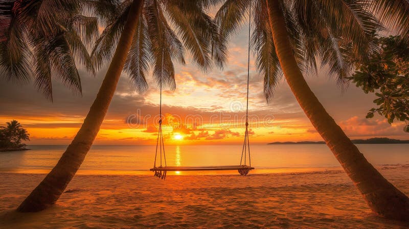 Palm Tree with Swing Hanging between Palm Trees, Beautiful Sunset Stock ...