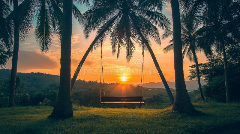 Palm Tree with Swing Hanging between Palm Trees, Beautiful Sunset Stock ...