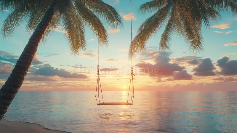Palm Tree with Swing Hanging between Palm Trees, Beautiful Sunset Stock ...