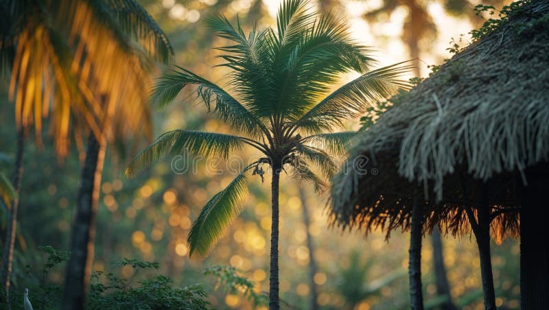 Palm Tree with Thatched Structure Providing Shade in Tropical Setting ...