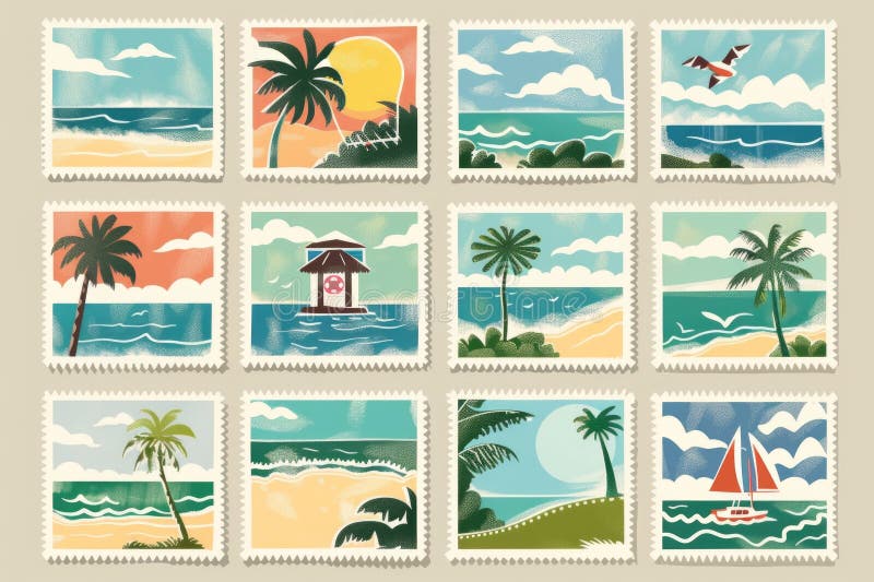 Palm Tree Themed Postage Stamps for a Tropical Theme Stock Image ...