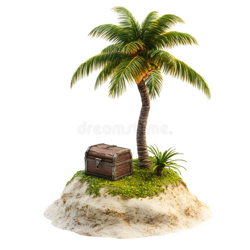 A Palm Tree and Treasure Chest on a Small Island with a White ...