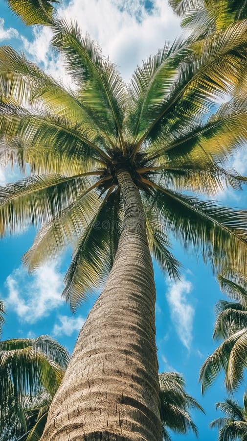 Palm Tree View from Below Against Blue Sky on Sunny Day, Tropical ...