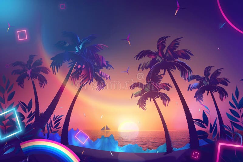Palm Trees Against a Sunset with a Neon Rainbow, Sea, and Glowing ...