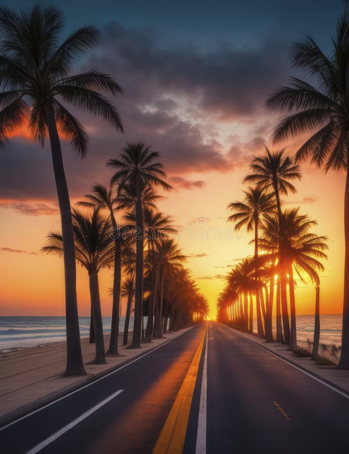 Palm Trees Along an Empty Road Leading Towards the Ocean, Sunset ...