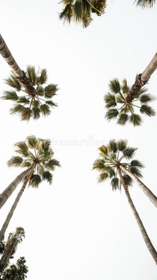 Palm Trees from Below Against a White Sky, Symmetrical View. Nature and ...