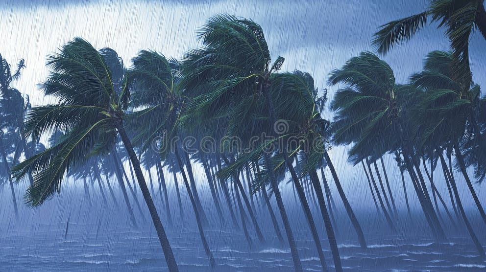 Palm Trees Bend in Strong Winds and Rain during a Tropical Storm Stock ...