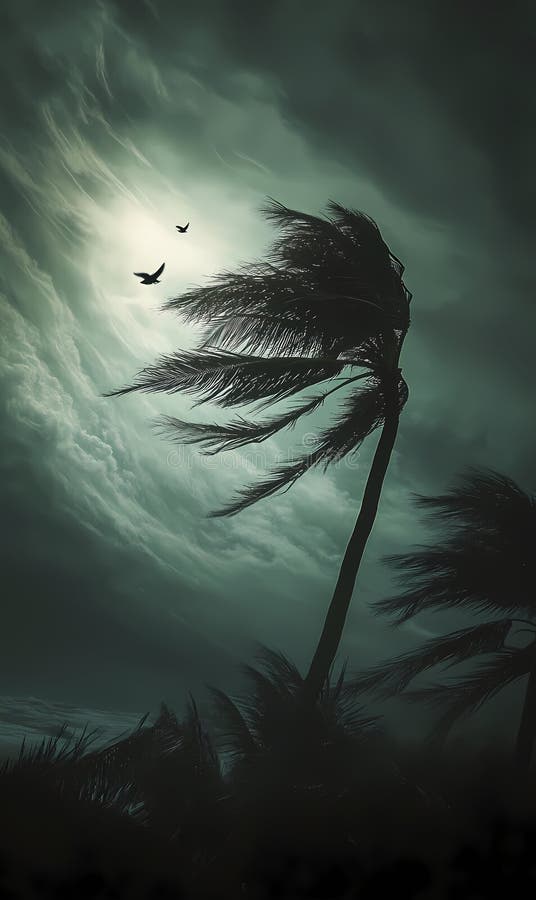 Palm Trees Bending in Strong Wind Under Dark Sky with Birds Flying ...