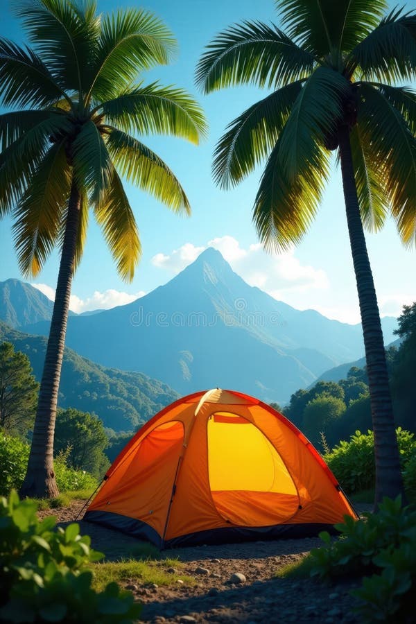 Palm Trees Canopy Over Tent, Mountain Backdrop, Sand, Tropical, Nature ...