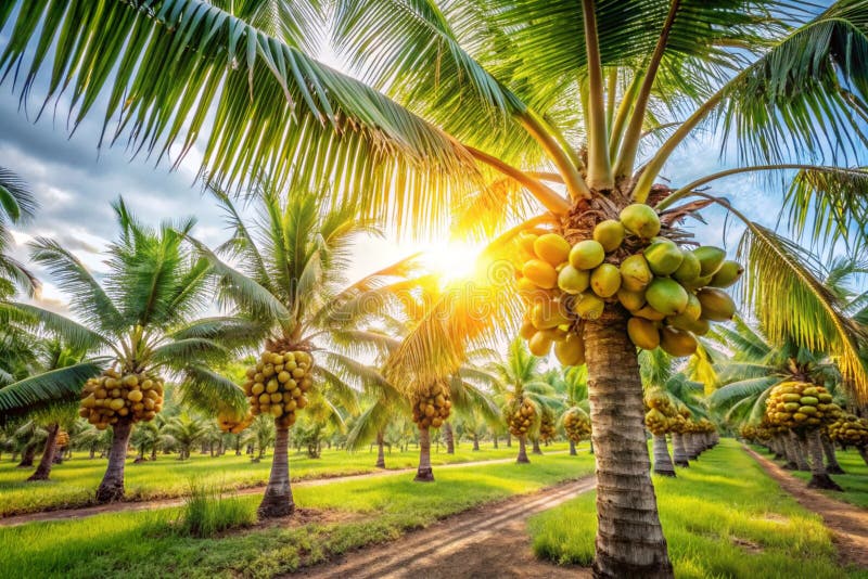 Palm Trees with Coconuts on the Farm and Sunlight Shining Down Stock ...