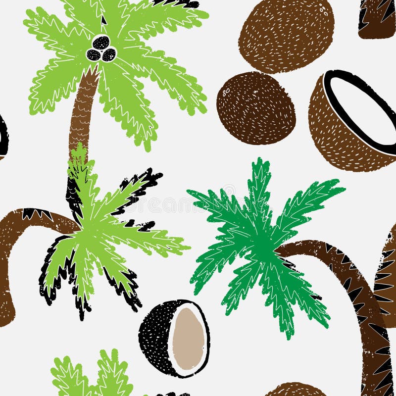 Palm Trees and Coconuts. Vintage Retro Pattern with Texture in Linocut ...