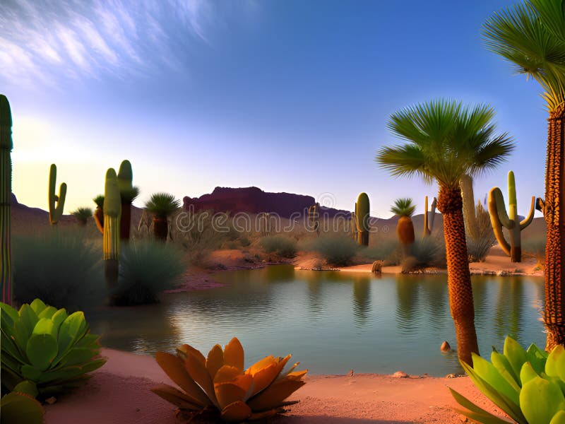 Palm Trees on Desert View at Sunset, Oasis View, AI Generated Stock ...