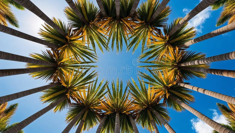 Palm Trees Forming Circle Against Blue Sky with Sun Shining through ...