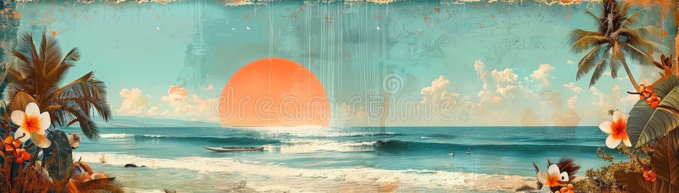 Palm Trees Frame a Sunset Over an Ocean Beach Stock Illustration ...