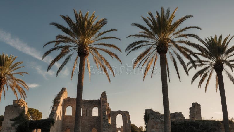 Palm Trees Framing Ruins of a Stone Structure. Stock Photo - Image of ...