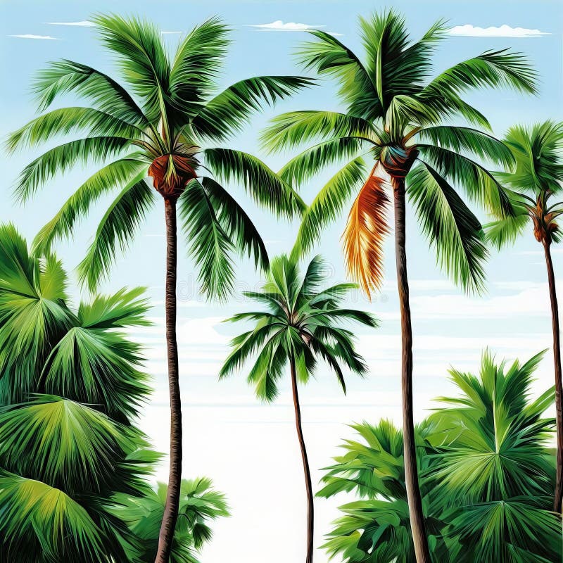 The Palm Trees Have Tall, Slender Trunks and Lush Stock Illustration ...