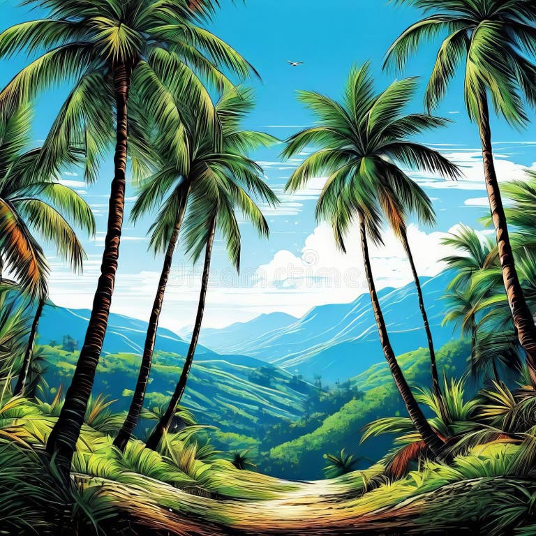 The Palm Trees Have Tall, Slender Trunks and Lush Stock Illustration ...